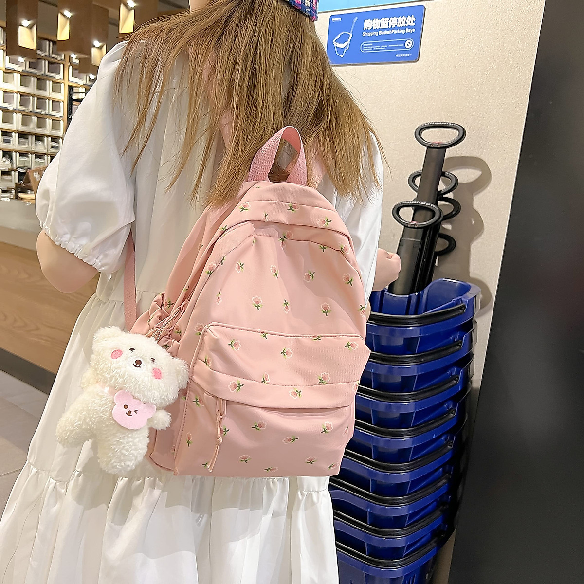 kakarin choyx Kawaii Backpack Mori Art Floral School Bag With Pendant 12.2 Inch Aesthetic Backpack Cute Backpack Medium School Bag (Pink, Middle)