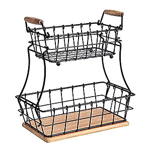 SunnyPoint 2-Tier Rectangle Countertop Fruit, Bread Wire Basket (Black, Metal + Wood base)
