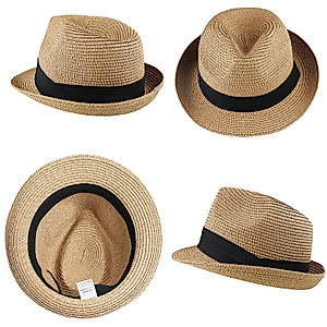 Kids Floppy Straw Sun-Hat Foldable Summer Short Brim Sun-Beach-Hat for Babyboys Girls Kahki
