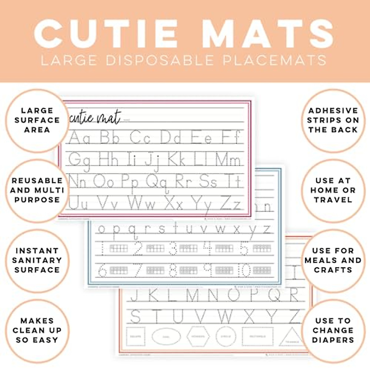 Ryan & Rose Cutie Mats Disposable Placemats For Baby, Toddlers & Kids Extra Coverage (13" X 21") 30 Pack (3 Designs) Stick To Table Easy Clean Up For Food & Toys Dry Erase Tracing Writing (EDU Tracer)