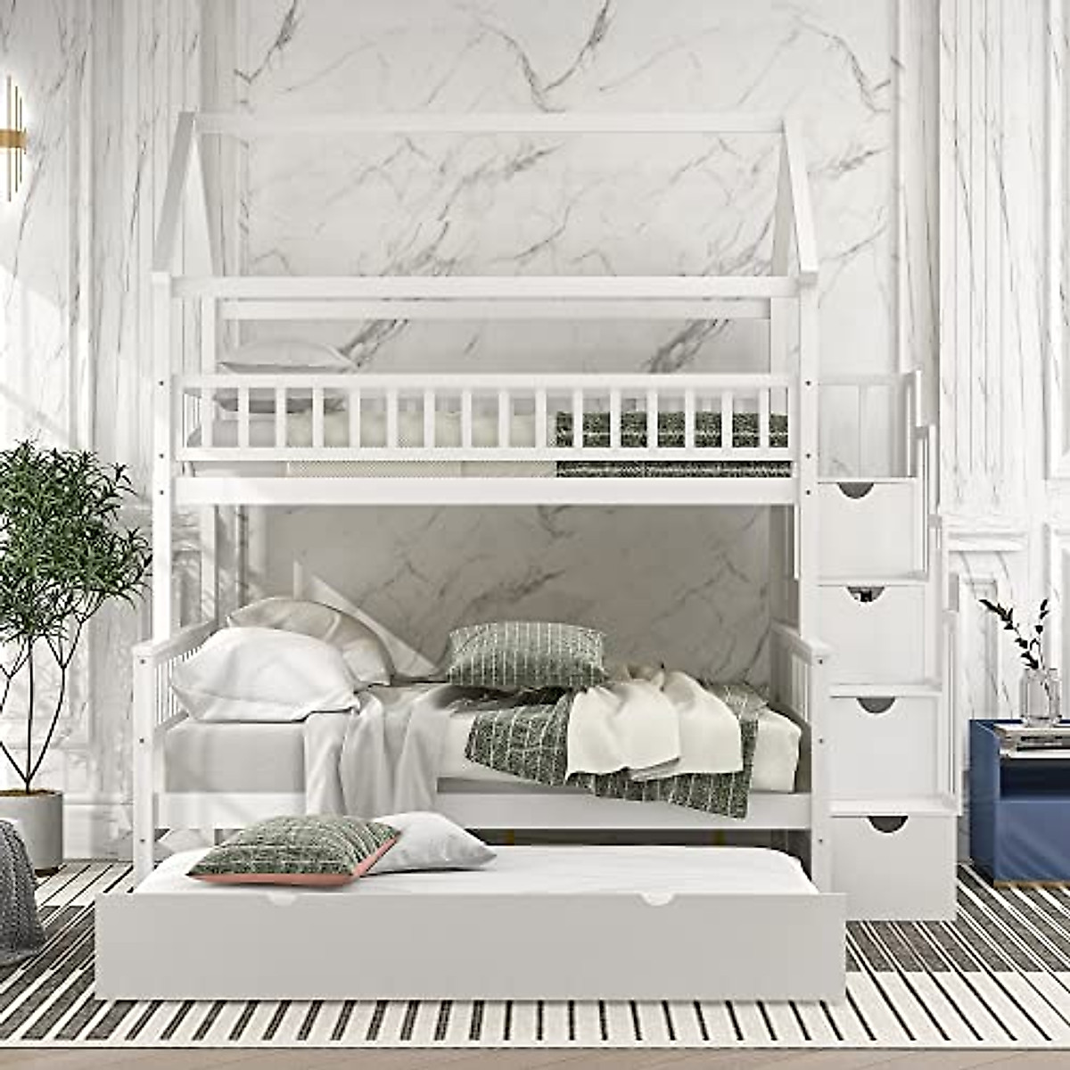 DEYOBED Twin Over Full House Shaped Wooden Bunk Bed with Trundle and Storage Staircase - Perfect for Kids and Teens, Maximizing Space and Convenience in Bedrooms