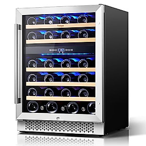 Yeego 24 Inch Wine Cooler, 46 Bottle Dual Zone Wine Refrigerator with Stainless Steel Tempered Glass Door,Memory Function, Fit Champagne Bottles, Wine Fridge Freestanding and Built-in