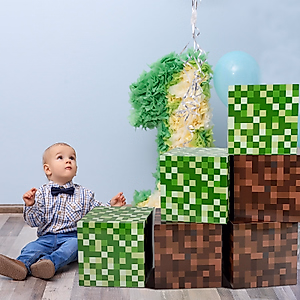 Outus 6 Pcs Large Pixel Mine Party Boxes 11.8 Inch Halloween Trunk or Treat Car Decoration Pixel Miner Video Gaming Box Pixelated Party Favor Vintage Grass Green Brown Birthday Centerpieces Xmas