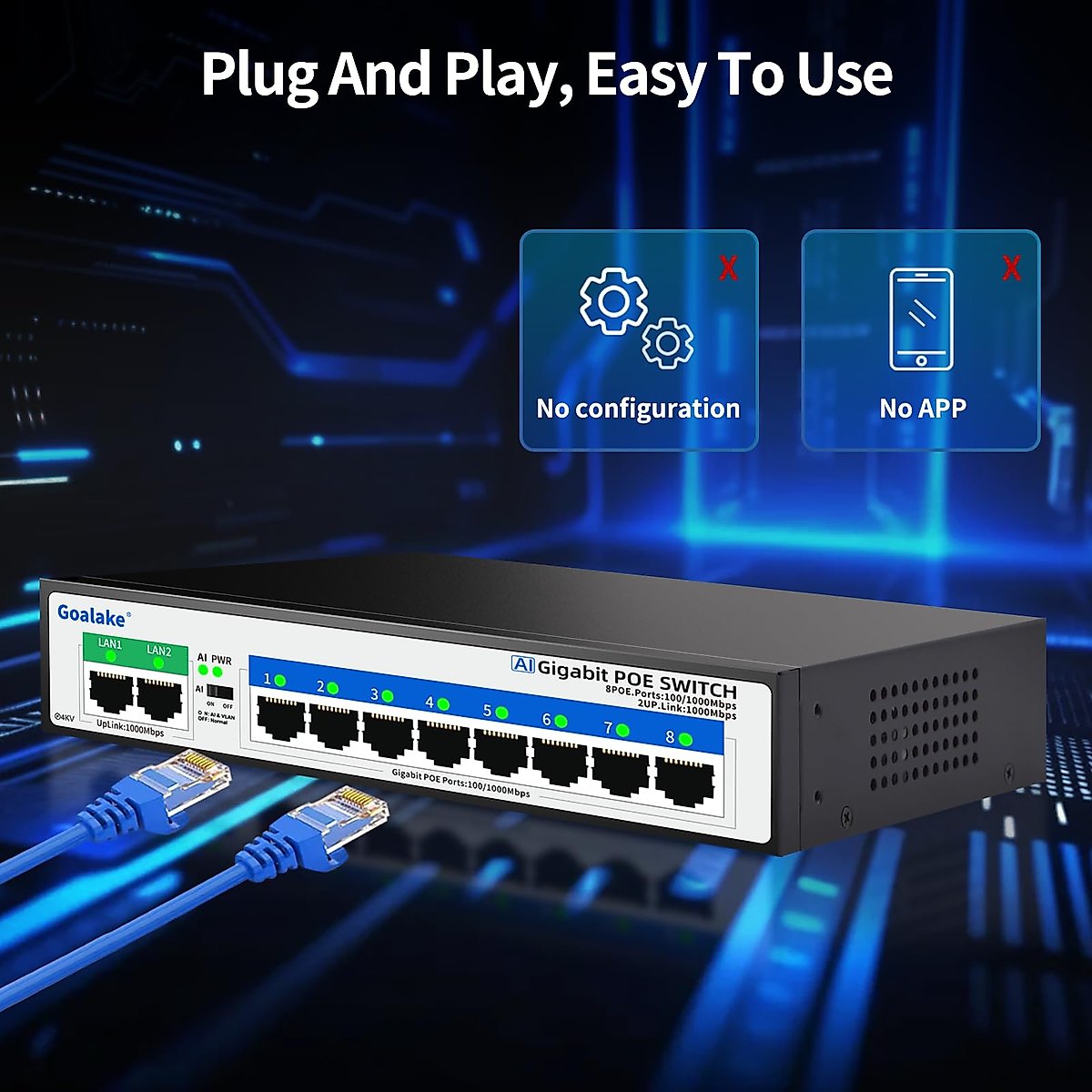 8 Port Gigabit PoE Switch with 2 Gigabit Uplink, Unmanaged 10 Port Gigabit PoE Switch Compatible with IEEE 802.3af/at Devices@120W, AI PoE Auto Recovery&Extend, Vlan, Metal Pluy&Play