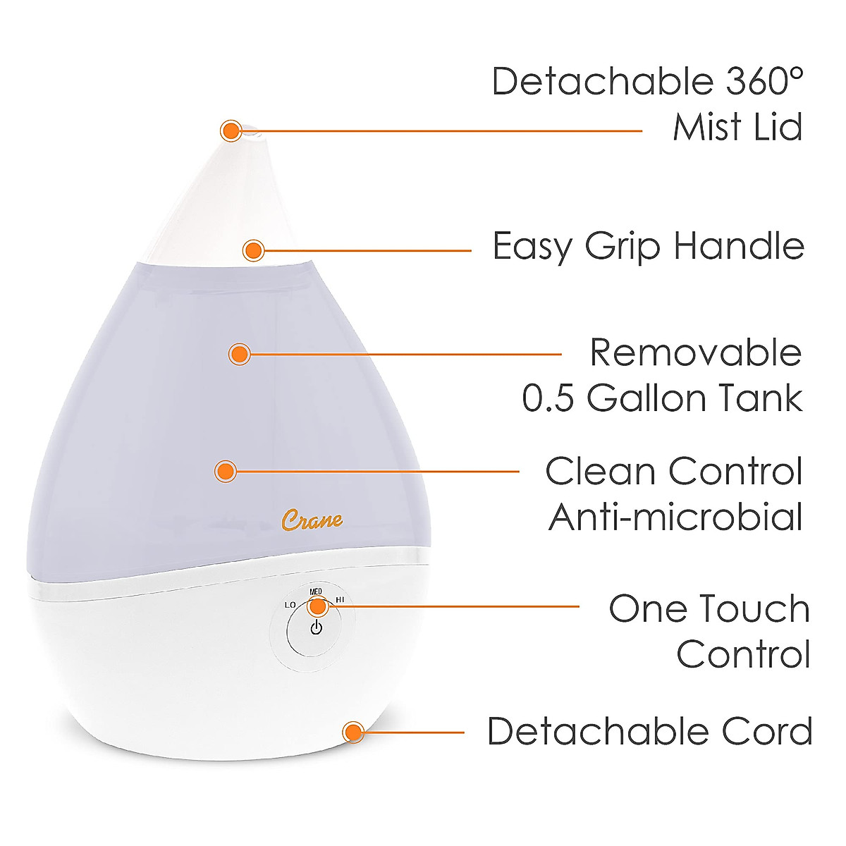 Crane Droplet Ultrasonic Small Air Humidifiers for Bedroom and Office, 0.5 Gallon Cool Mist Humidifier for Plants and Home, Humidifier Filters Optional, White