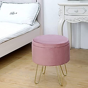 SOFT ASS Fashionable Velvet Round Storage Ottoman Footrest Stool with Vanity Chair and Tray Top Coffee Table/Gold Metal U-Legs (Deep Pink)