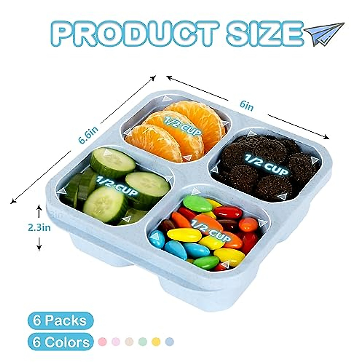 6 Pack Snack Containers, 4 Compartment Divided Snack Container for Kids, Bento Snack Box for Adults, Reusable Meal Prep Lunch Containers with Compartments, Small Bento Box for Work Travel