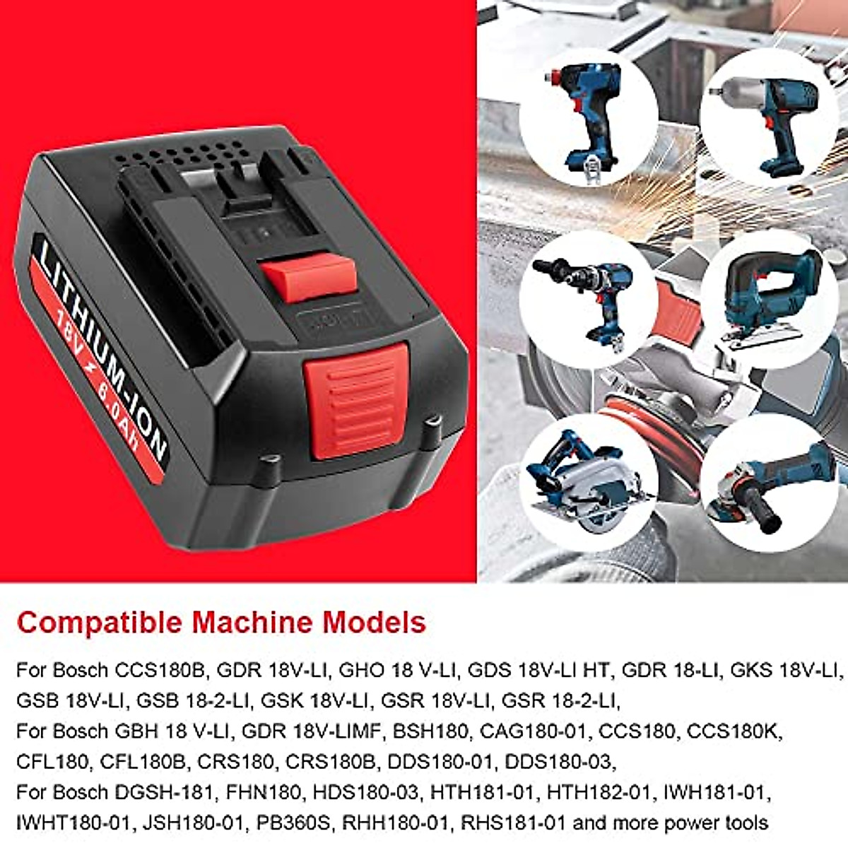 [1-Pack] 18V High-Output 6.0 Ah New Version Battery for Bosch 18-Volt Battery Lithium BAT609 BAT609G BAT610G BAT611 BAT612 BAT618 BAT618G BAT619 BAT619G BAT620 BAT622