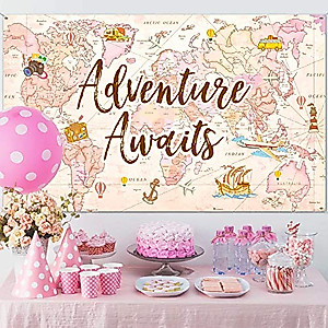 Travel Themed Party Decorations Supplies Adventure Awaits Bon Voyage Backdrop Adventure Map Backdrop for Graduation Birthday Party Baby Shower Photo Booth Pink, 70.8 x 43.3 Inch