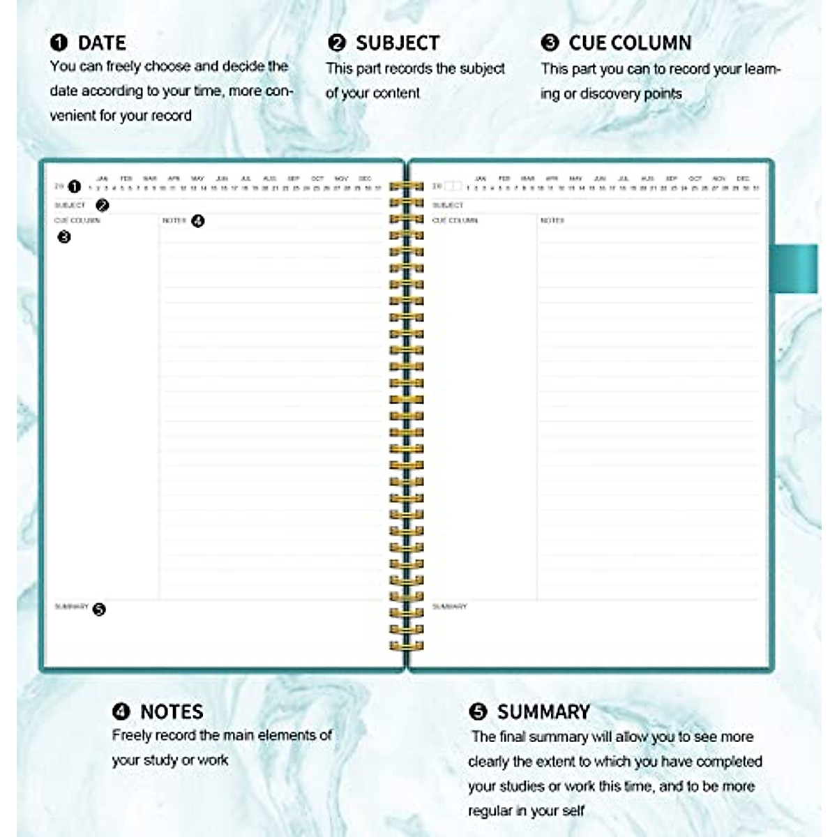 Regolden-Book Cornell Note Notebook, Study Note Taking System, Classic and Simple Design, Ldeal for Easy Learning and Record Keeping (Teal)