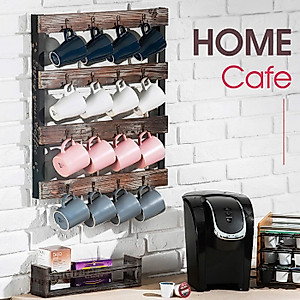 J JACKCUBE DESIGN Coffee Mug Holder Wall Mounted Rustic Wood Cup Organizer with 16-Hooks Hanging Rack for Home, Kitchen Display Storage and Collection : MK519A