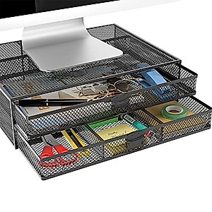 WALI Metal Mesh Monitor Riser Desktop Stand with Storage Drawers for Computer, Laptop, LED, LCD, OLED Flat Screen Display, and Printer (STT006-B), Black