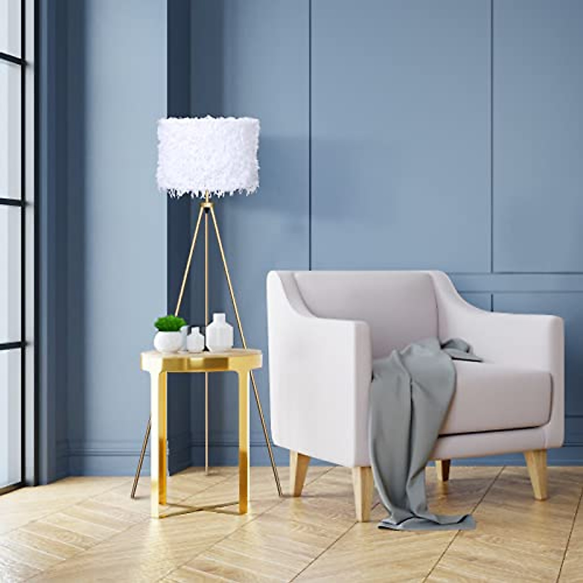 Modern Tripod Floor Lamp for Bedroom, Living Room, Gold Floor Lamps with White Cloth Fabric Shade, Faux Feather Tassels Finish