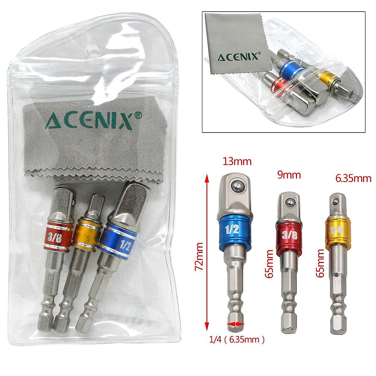 ACENIX 3 Pcs Set Power Hand Tools Driver Extension Socket Adapter Sets, 3Pcs 1/4" 3/8" 1/2" Hex Shank Bit Square Nut Driver Set Power Drill Cordless Impact Sockets Bit Set Adapter