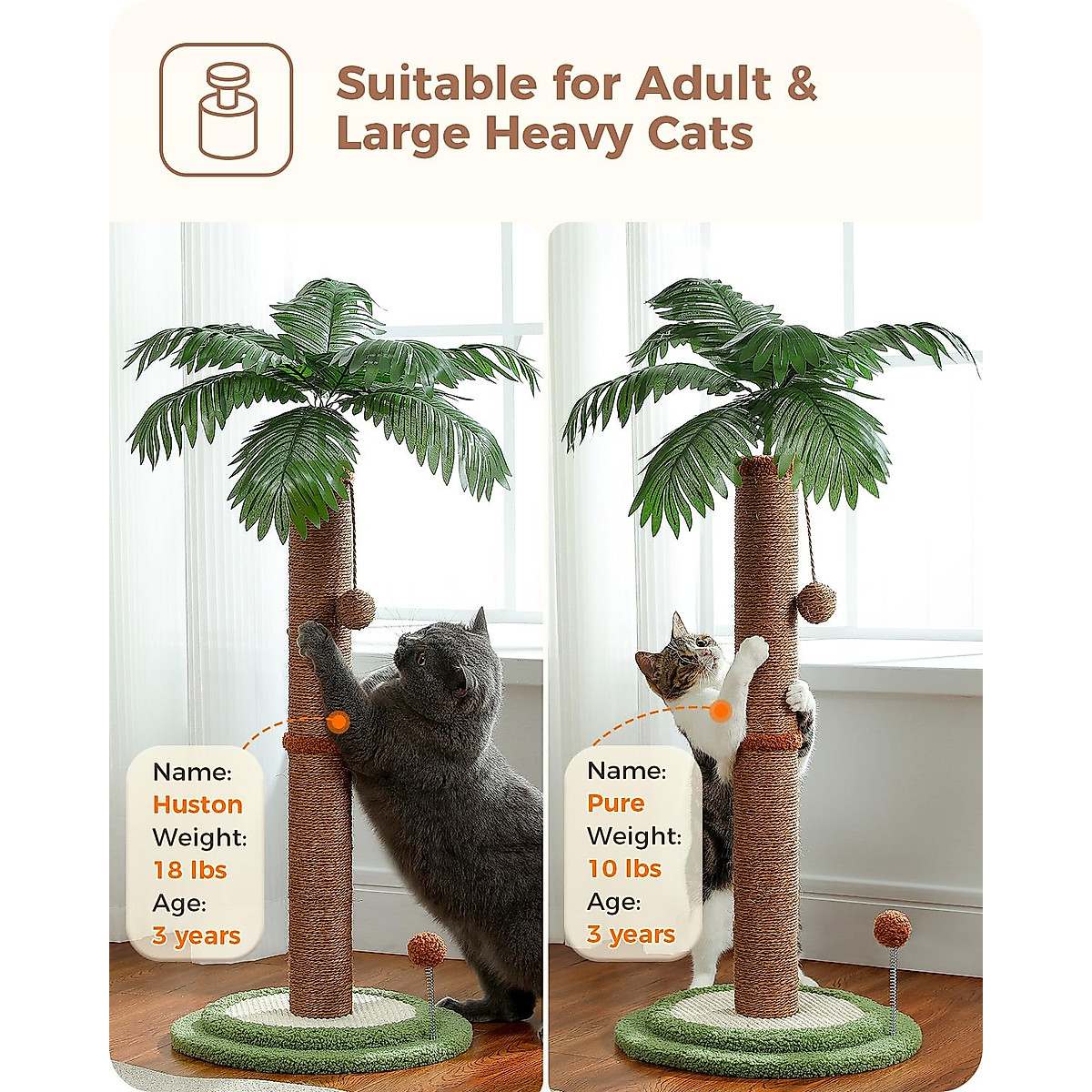 PETEPELA Cat Scratching Post, 33" Tall Cat Scratcher for Large Cats with Interactive Balls& 100% Sisal Covered Kitten Scratch Posts for Indoor Cats(Brown)