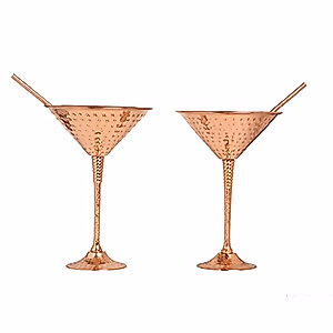 BOLD & DIVIN Handmade Hammered Pure Copper Martini Globlets | With Exquisite Reinforcement Ring & Pure Copper Straws | Set of 2 | 9.5 Oz | Glasses for Wedding, Valentines Gift