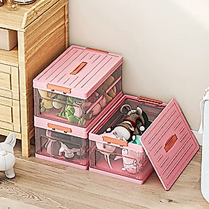 Wisdom Star 3 Pack Collapsible Storage Bins with Lids, Clear Plastic Foldable Storage Box, Stackable Storage Containers for Organizing, Pink