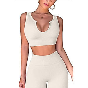 QINSEN Womens Yoga Leggings 2 Piece Outfits Running Crop Top Seamless High Waist Leggings Beige M