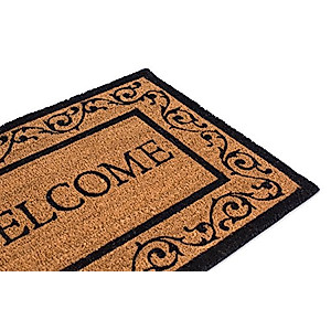 BirdRock Home Welcome Coir Doormat with Scroll Border - 24 x 36 Inch - Oversized Welcome Mat with Black Border and Natural Fade - Vinyl Backed - Outdoor