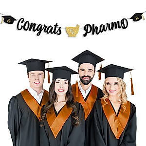 Congrats Graduation Banner, Black Congratulations Banner with Cap And Medicine Jar, NO-DIY Congratulations Banner Black and Gold Glitter PharmD College Graduation Decorations 2023
