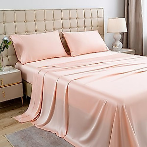 MEISHANG Bamboo Sheet Set Queen Size - 100% Pure Organic Viscose - 400TC Bamboo Cooling Bed Sheets Set - Fit 16 Inch Deep Pocket - 4 Piece Set Silky Soft Luxury - Queen, Light Pink