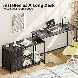 SUPERJARE L Shaped Desk with Power Outlets, Computer Desk with Drawers & Shelves, Corner Desk Gaming Desk Home Office Desk, Black