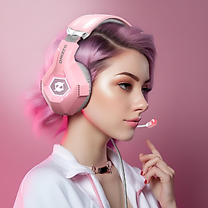 Ozeino Gaming Headset for PS4, PS5, PC, Xbox One Controller, Noise Cancelling Over Ear Headphones with Mic, LED Light, Bass Surround, Soft Memory Earmuffs -Pink