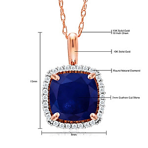 Gem Stone King 10K Rose Gold Gemstone Birthstone and White Diamond Halo Pendant Necklace | Cushion Cut 7MM | Rose Gold Necklace for Women | with 18 Inch Chain