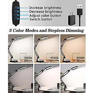 10X Desk Magnifying Glass with Light, NUEYiO 2-in-1 Heavy Duty Base&Clamp Magnifying lamp, 4.1'' Real Glass Len, 3 Color Stepless Dimmable LED Lighted Magnifier Glass for Soldering Crafts Sewing