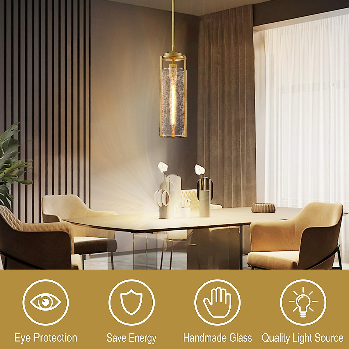 Untrammelife Modern Gold Pendant Light, Crackle Glass Shade Hanging Pendant Light Fixture 14" Single Brushed Brass Ceiling Chandelier for Kitchen Island,Dining Room,Bathroom, T10 LED Bulb Included