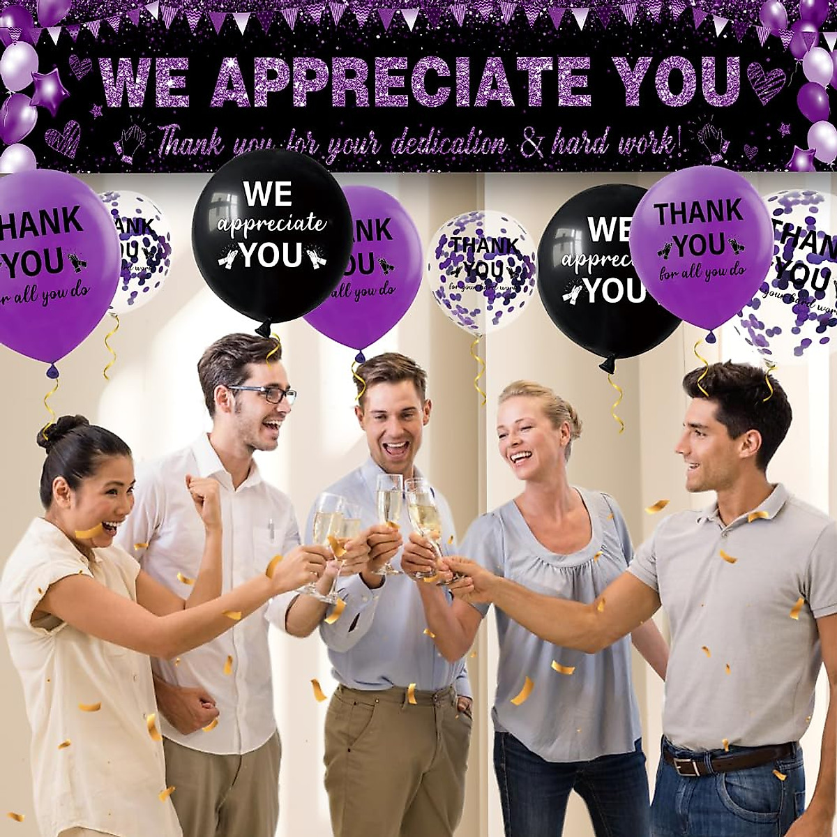 We Appreciate You Decorations Purple Black We Appreciate You Banner with 18 Balloons Thank You Yard Sign for Teacher Employee Staff Poaster Doctors Nurse Volunteer Appreciation Week Party Decor