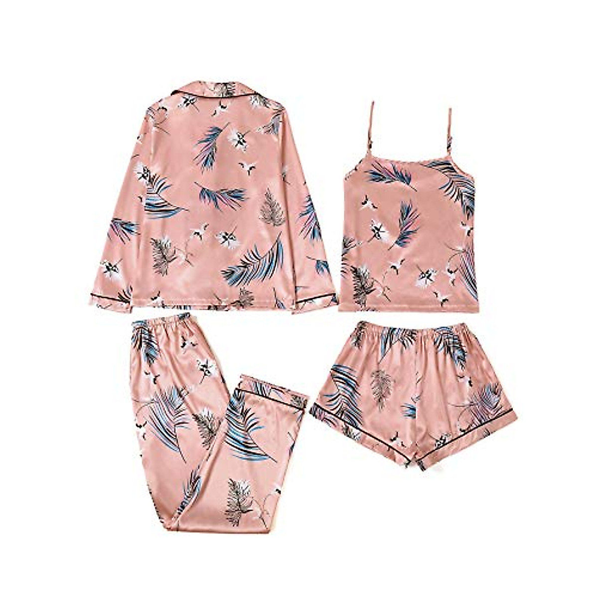 LYANER Women's Pajamas Set 4pcs Satin Silk Cami Top Button Down Loungewear Pjs Set Pink Small