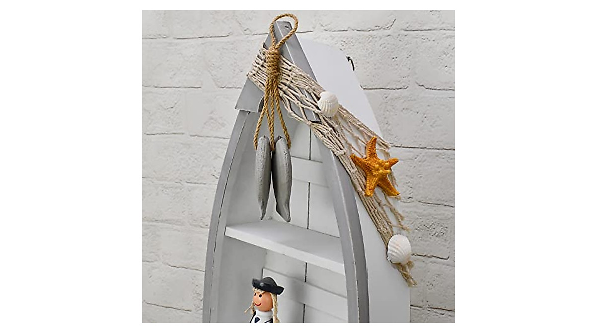 Coastal Wood Boat Shelf Decor - Beach Theme Nautical Accent