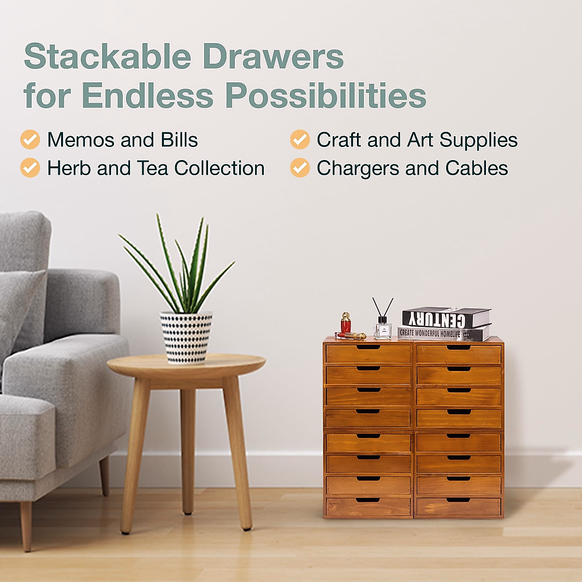 4-Pack 4 Drawer Desktop Storage Organizer in Modern Wood Design (20”x7”x 20”) Stackable Drawers For School Office - Vanity Accessories Organizer - Countertop Organizer Drawer in Modern Mahogany Wood