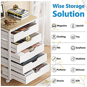 Tribesigns 5 Drawer Chest, Wood Storage Dresser Cabinet with Wheels, Industrial Storage Drawer Organizer Cart for Office Bedroom Entryway (White, 1 PC)