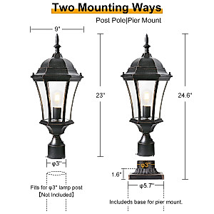 GOALPLUS 24" Outdoor Post Light with Dusk to Dawn Sensor, Exterior Post Lantern Fixture with Pier Mount, Antique Bronze Post Lamp with Seeded Glass, Aluminum Pole Lantern for Garden, Yard