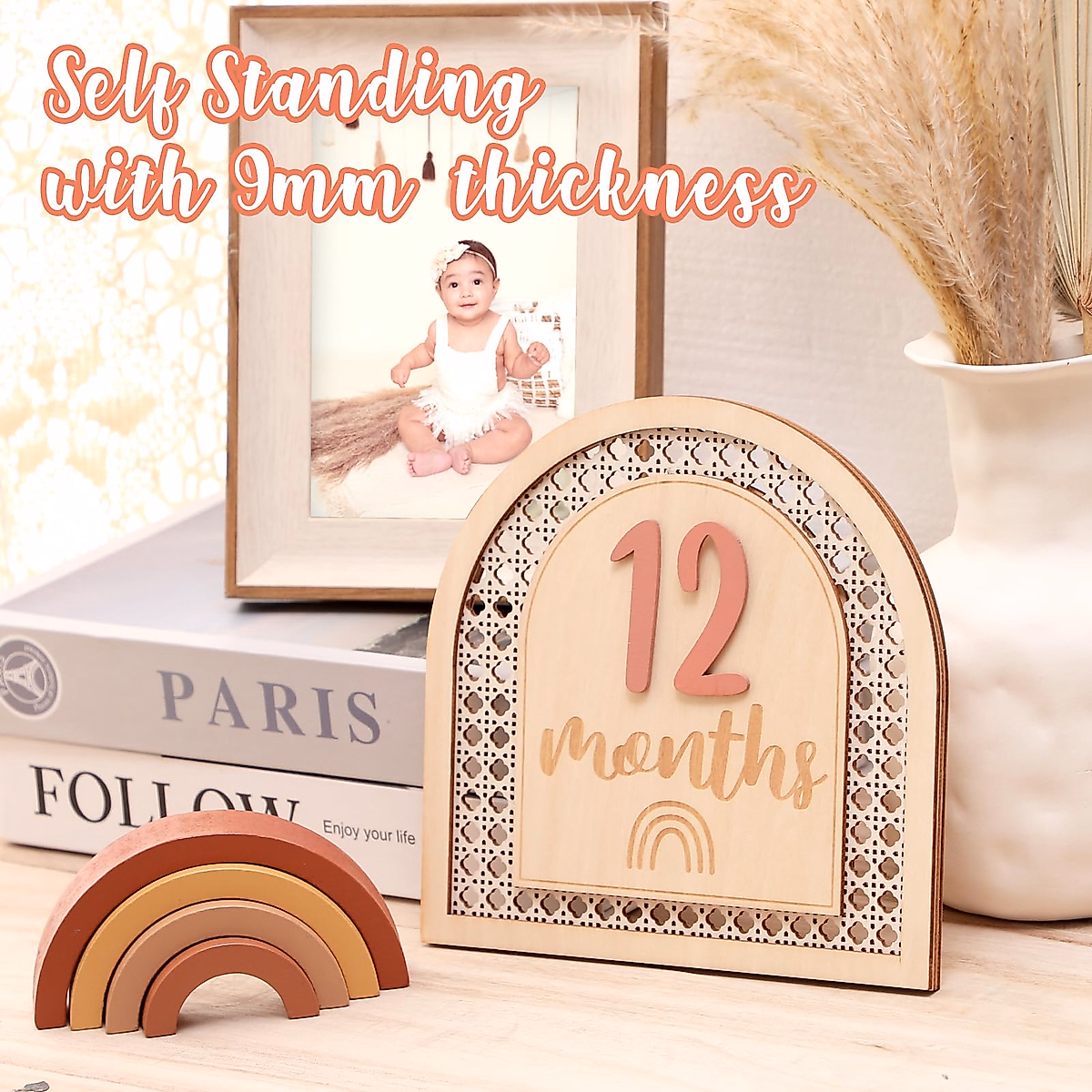 Huray Rayho Boho Rattan Monthly Photo Props Cards Wooden Bohemian Blocks Rainbow Interchangeable Photo Props with 11 Swappable Numbers Set of 12 for Baby Growth Record Baby Shower Plaques