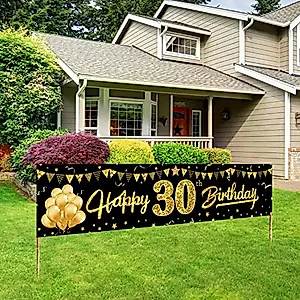 Happy 30th Birthday Banner Decorations for Him, Thirty Birthday Sign Party Supplies for Men Women, Black Gold 30 Birthday Party Decor Outdoor Indoor
