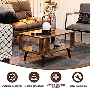 Tangkula Small Coffee Table for Small Space, 2-Tier Wooden Center Table with Open Storage Shelf, Side Baffle, Easy Assembly, Industrial Side Table for Living Room Bedroom (Rustic Brown)