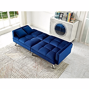 Legend Vansen 80'' Velvet Love seat Convertible Futon Two Pillows, Sleeper Couch with 3 Adjustable Backrests Sofa Bed, Large Sleeping Area Sofabed, Blue