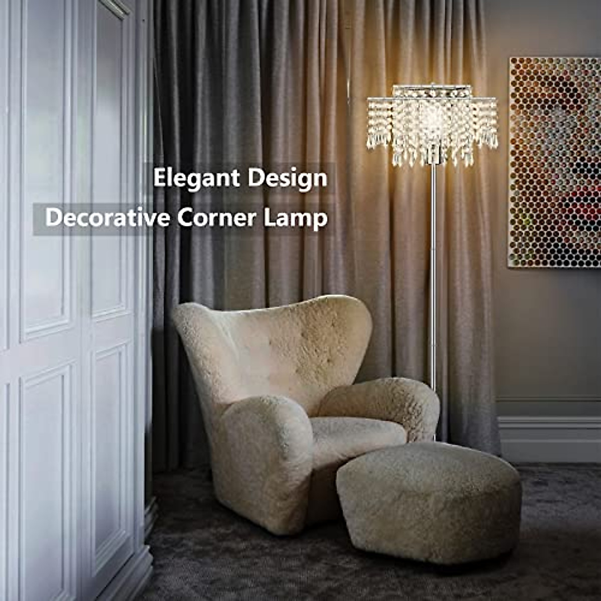 Mlambert Double-Layer Modern Lampshade Crystal Floor Lamp for Bedroom for Livingroom,Elegant Standing Lamp,61.57" Tall Pole Lamp,Suitable for Bedroom,Livingroom,6W LED Bulb Included,Silver