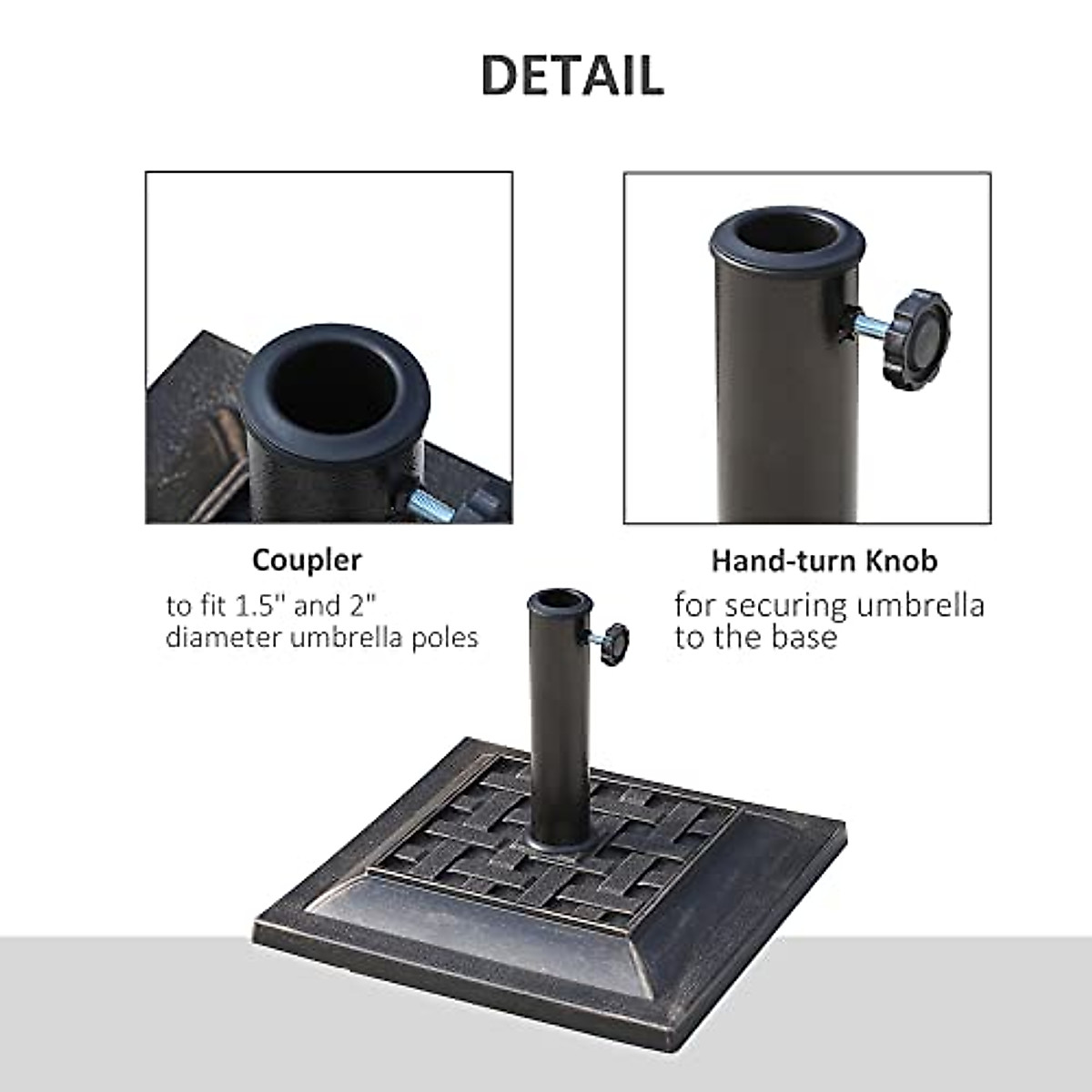 Outsunny 20 lbs Patio Market Umbrella Base Stand Resin Parasol Holder Square with Beautiful Decorative Pattern & Easy Setup, for Φ1.5, Φ1.89 Pole, for Beach, Lawn, Deck, Backyard, Garden, Bronze