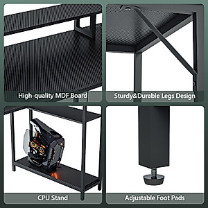 WASAGUN Gaming Desk,40 Inch L Shaped Desk with LED Lights&Power Outlets,Office Desk with Storage Shelves,Small Corner Computer Desk for Bedroom,Carbon Fiber Surface,Black Table