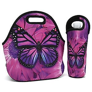 Neoprene Lunch Bag,Thick insulated Lunch Box Bag For Women,Men & Kids Includes Water Bottle Carrier For Snacks & Lunch- Lightweight|Rugged Lunchbox |For Travel,Picnic,School,Office (Purple Butterfly)