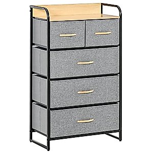 HOMCOM 5-Drawer Fabric Dresser Tower, 4-Tier Storage Organizer with Steel Frame for Hallway, Bedroom and Closet, Light Grey