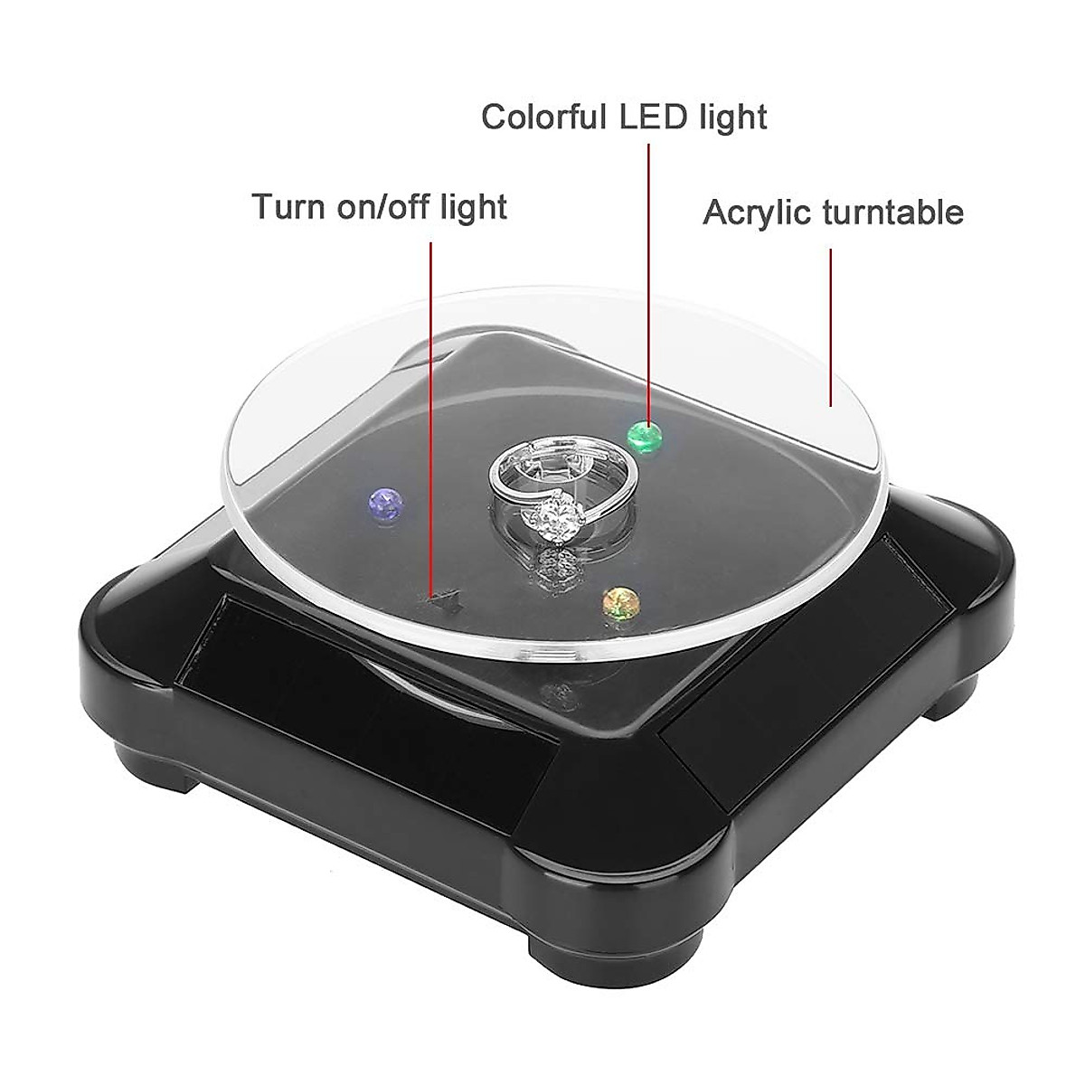 Solar Showcase 360 Degrees Display Stand, Rotating Turntable with LED Light for Watch Phone Jewelry Display Stand(Black)