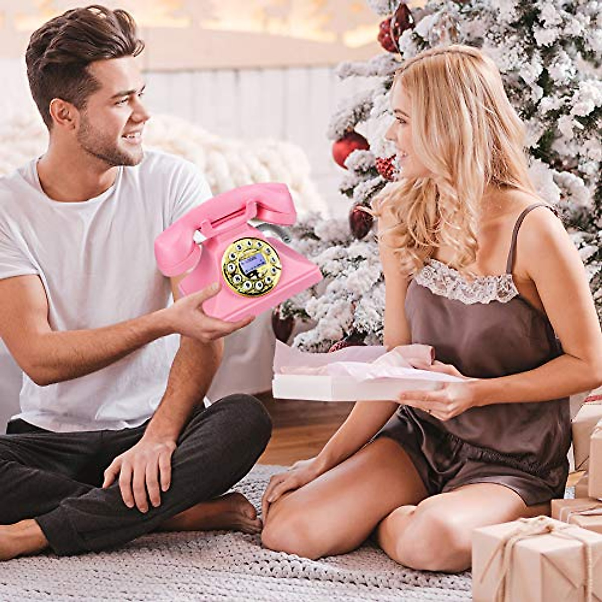 Pink Retro Landline Phone for Home, IRISVO Vintage Phone Old Fashioned Classic Desk Telephone with LCD Screen Display and Redial,Speaker, Push Button Dialing with A Rotary Look (Pink)