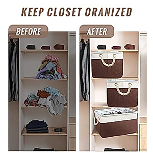 IMQSQIK Foldable Storage Bin 2 Pack, Large Fabric Storage Bin with Coarse Hemp Rope Handles, Gift Baskets Empty for Organizing Closet Nursery Shelves ( 15x 11 x 8 inches, Khaki White)