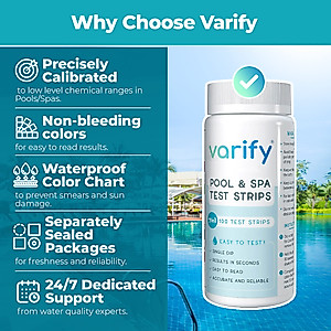 Varify Premium Pool and Spa Test Strips - 7 in 1 Testing Strip for Pools, Spa, Hot Tub & More - Water Quality Testing Kit for Hardness, Chlorine, Bromine, pH, Alkalinity & Cyanuric Acid (100 Strips)