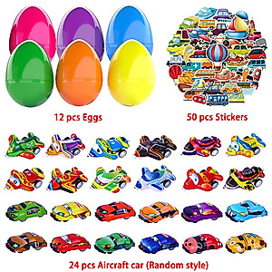 JOICEE Easter Eggs Pre Filled with Pull Back Ca0rs Planes, Plastic Easter Eggs with 24pcs Cars and Airplane Toys and Fun Tattoos for Easter Party Favors Classroom Activity Gifts for Boys